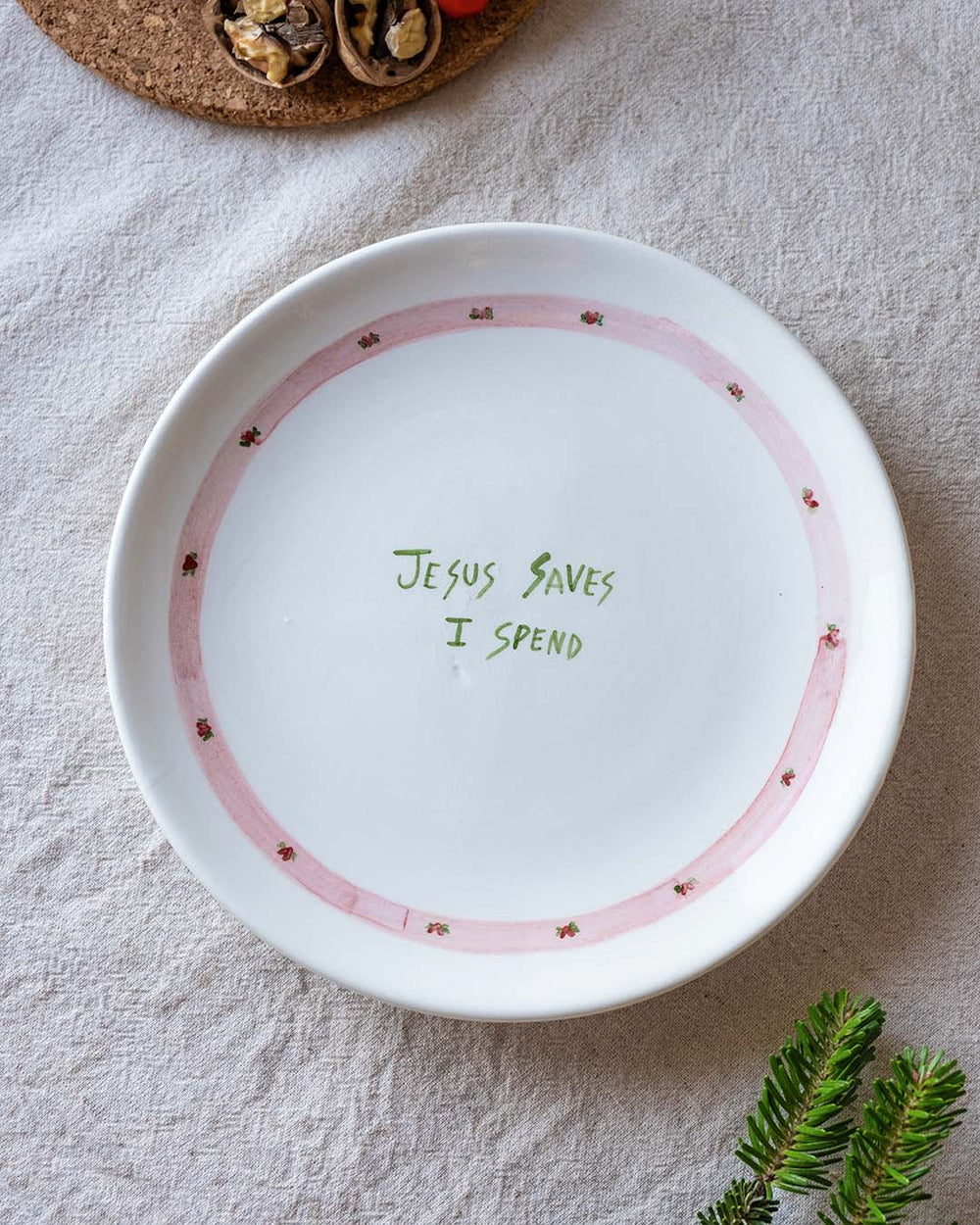 "Jesus Saves I Spend" plate - Musae Studio